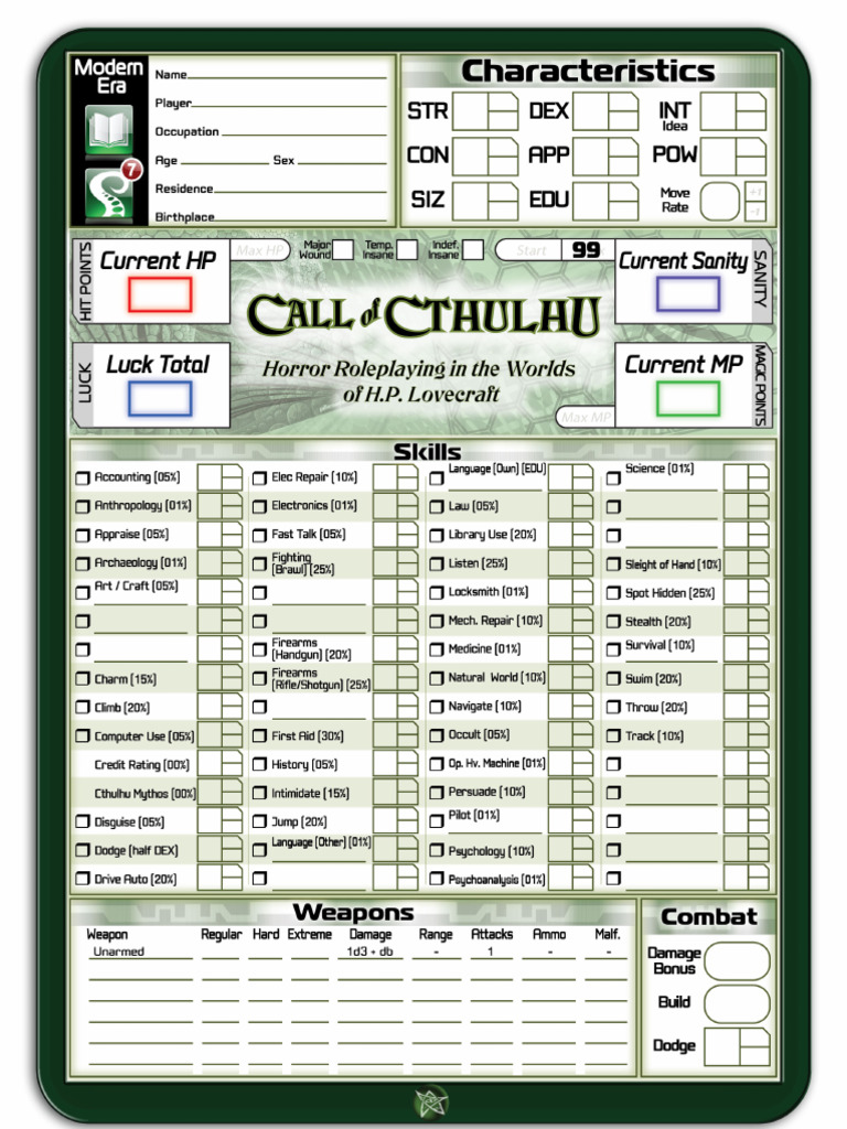 Call of Cthulhu 7e Modern Era Basic Autocalc Character Sheet | PDF