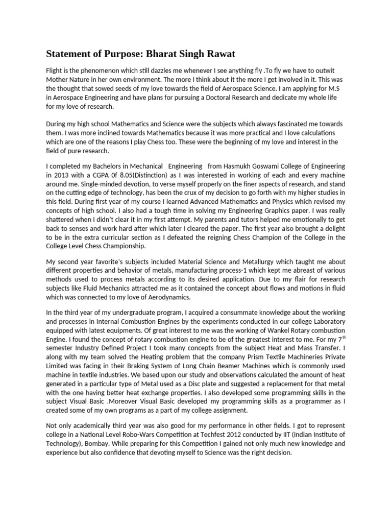 Statement of Purpose: Aerospace Engineering | PDF | Engineering | Engines