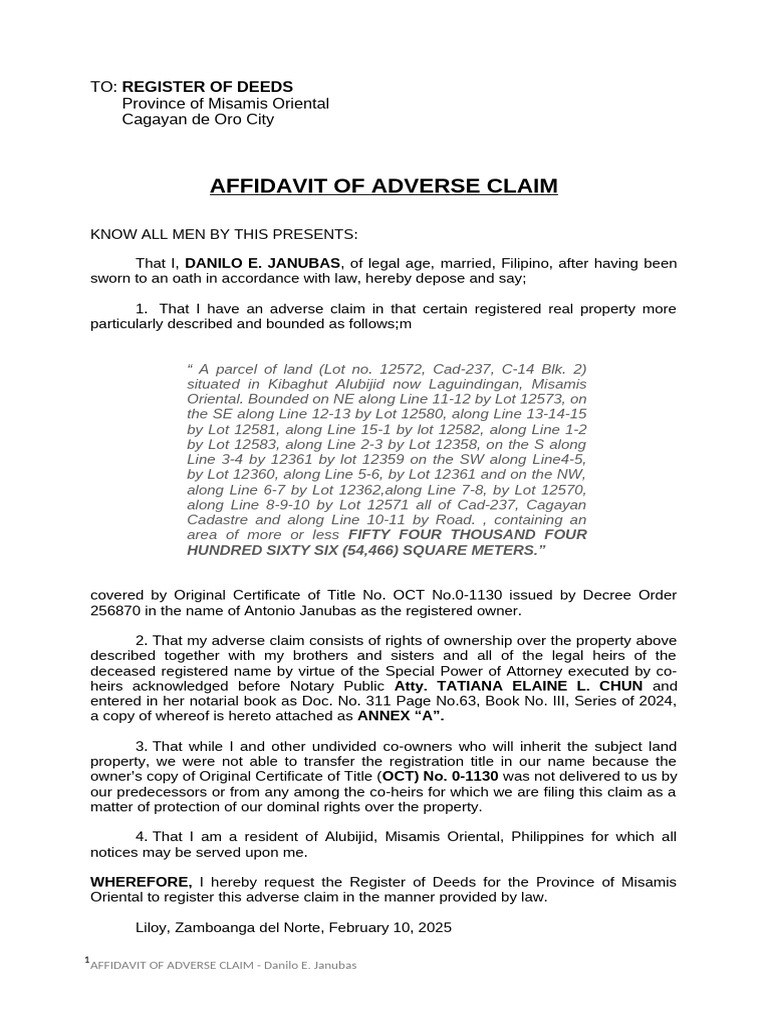 Affidavit of Adverse Claim Sarine | PDF | Private Law | Property Law