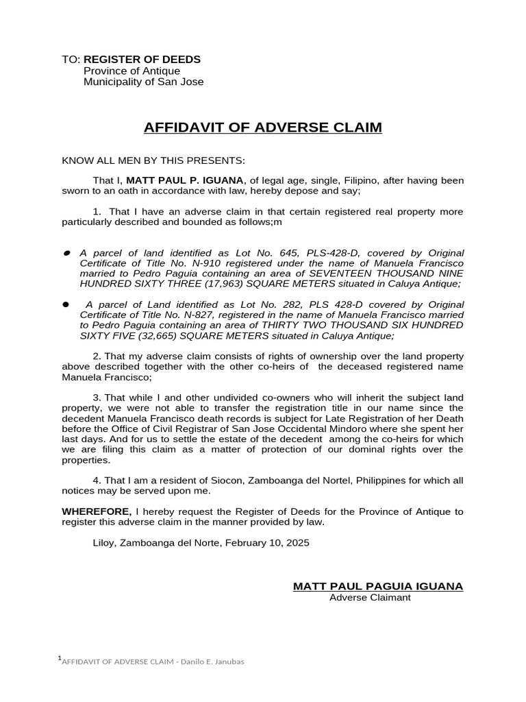 Affidavit of Adverse Claim in Antique | PDF | Property Law ...