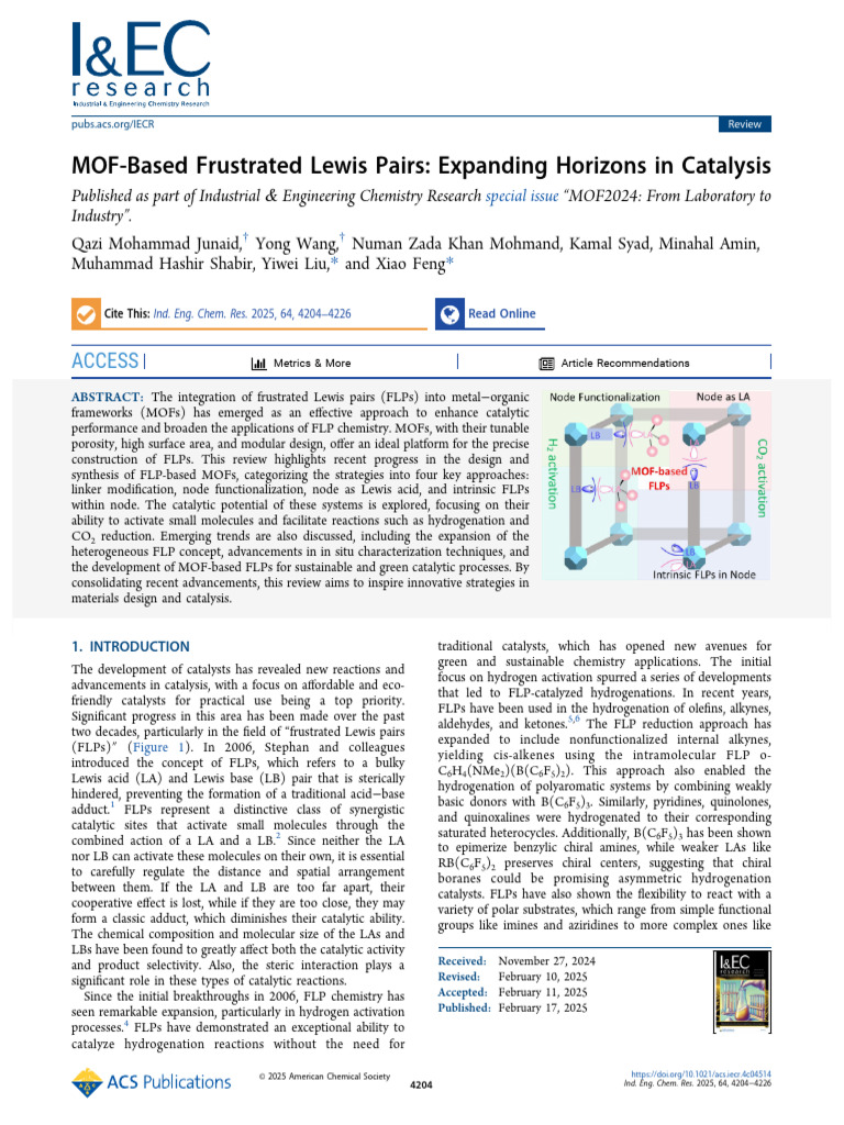 Junaid Et Al 2025 Mof Based Frustrated Lewis Pairs - 250313 - 203433 | PDF | Catalysis ...