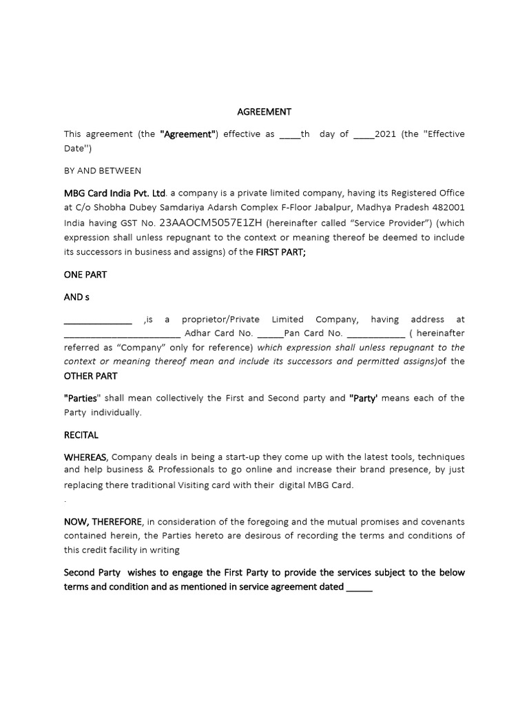 MBG Card India Pvt. LTD - MOU | PDF | Indemnity | Employment