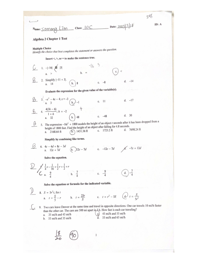 Algebra 2 Chapter 1 Test | PDF
