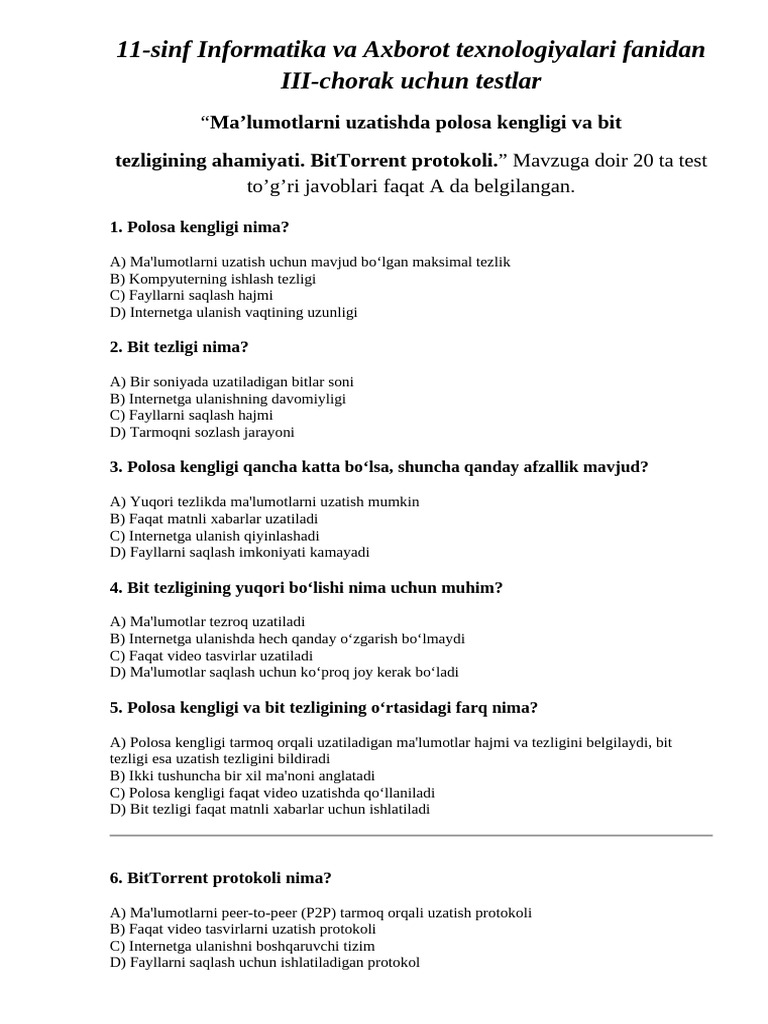 11 Sinf Informatika Yangi Darslikdan III Chorak Uchun Testlar Banki (6 ...