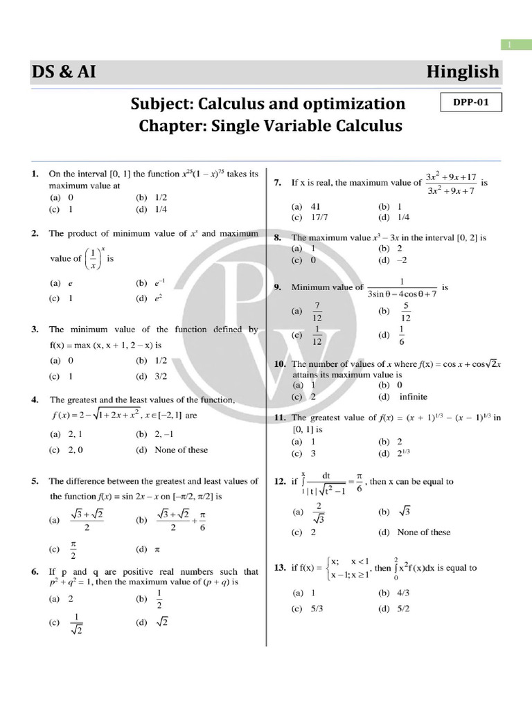 Single Variable Calculus DPP 01 | PDF
