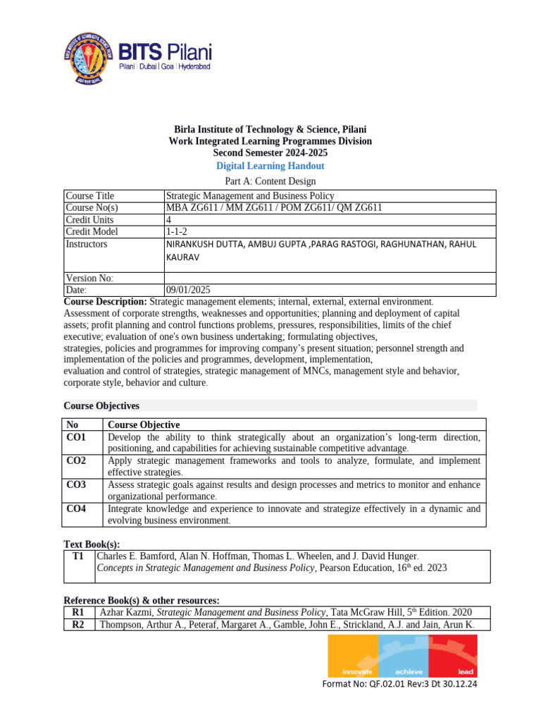 MBA ZG611 COURSE HANDOUT | PDF | Strategic Management | Business