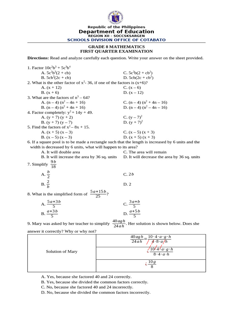Grade 8 Mathematics Exam Questions | PDF | Slope | Equations
