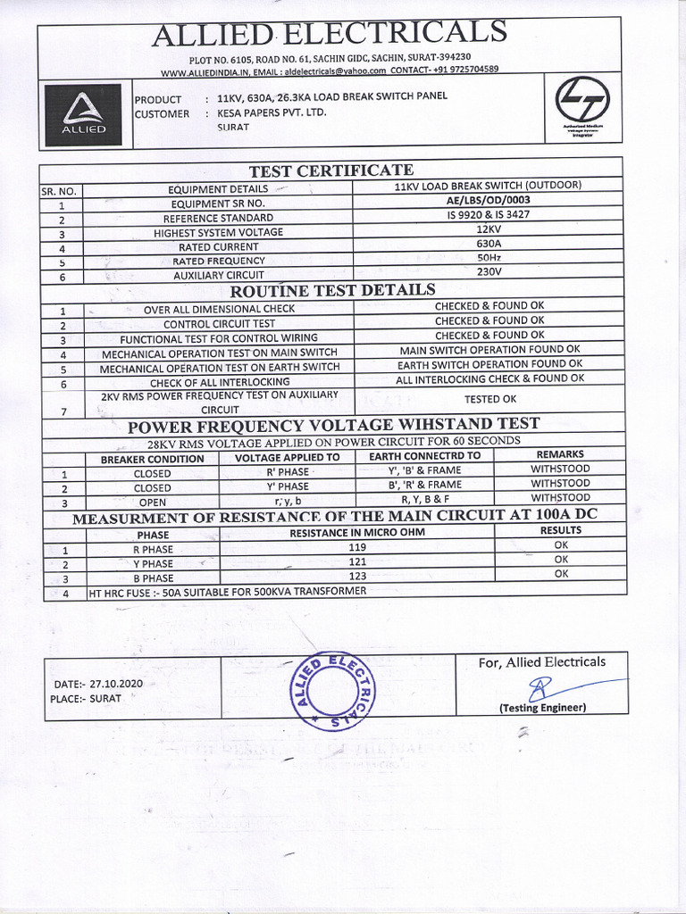 Kesa Paper LBS Test Certificate | PDF