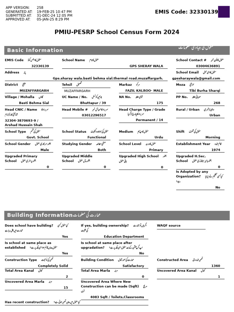 PMIU-PESRP School Census 2024 Report | PDF