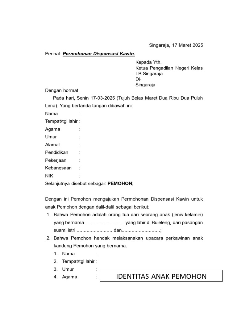 Contoh Surat Permohonan Dispensasi Kawin Di Pengadilan Negeri | PDF