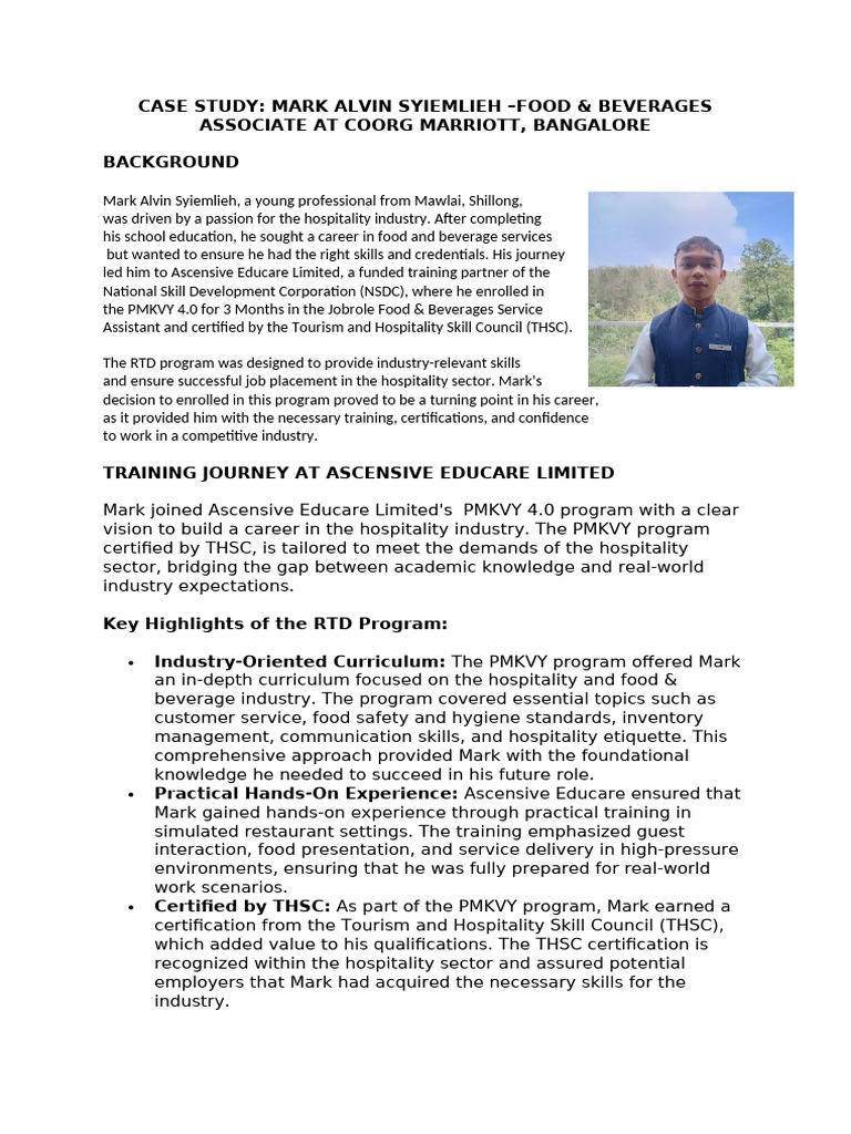 Mark Alvin Case Study Pmkvy | PDF | Restaurants | Hospitality Industry