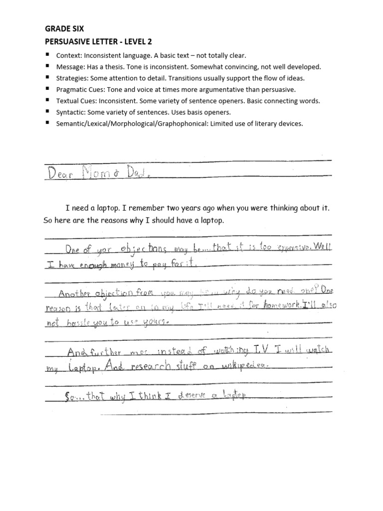 Grade Six Persuasive Letter Assessment | PDF | Semantics | Syntax