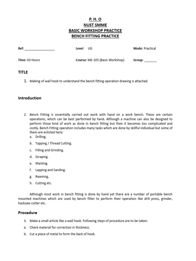 4 Bench Fitting PHO Updated | PDF | Drill | Mill (Grinding)