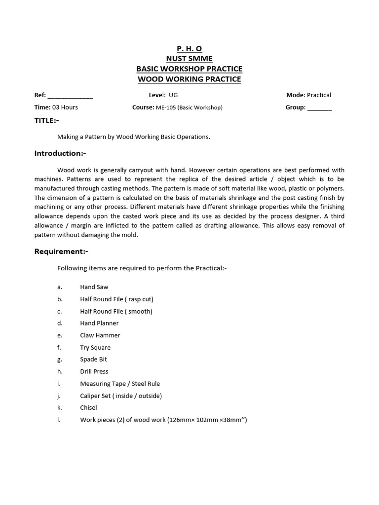 3 WOOD WORK PATTERN MAKING BASIC WORKSHOP PRACTICE Updated | PDF | Drilling | Casting