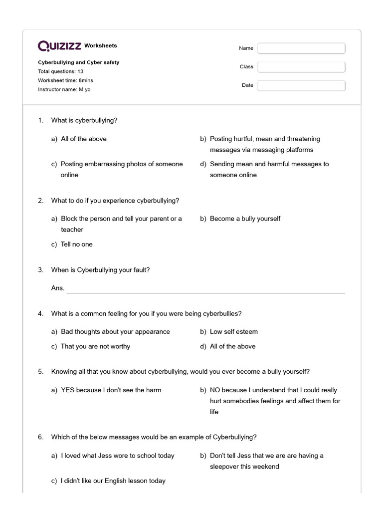 Cyberbullying and Cyber Safety - Quizizz | PDF | Cyberbullying | Bullying