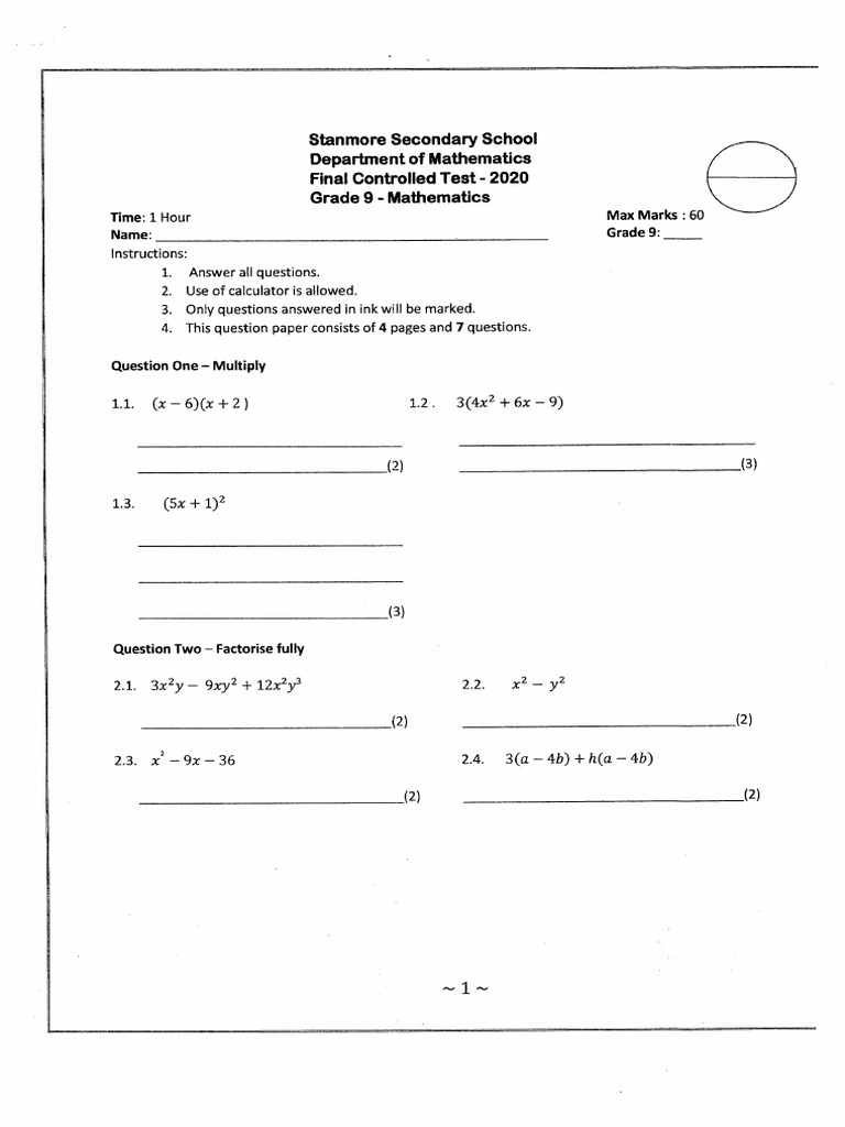 Grade 9 Maths March 2020 | PDF
