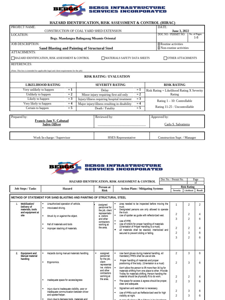 HIRAC for Coal Yard Shed Extension | PDF | Risk | Hazards