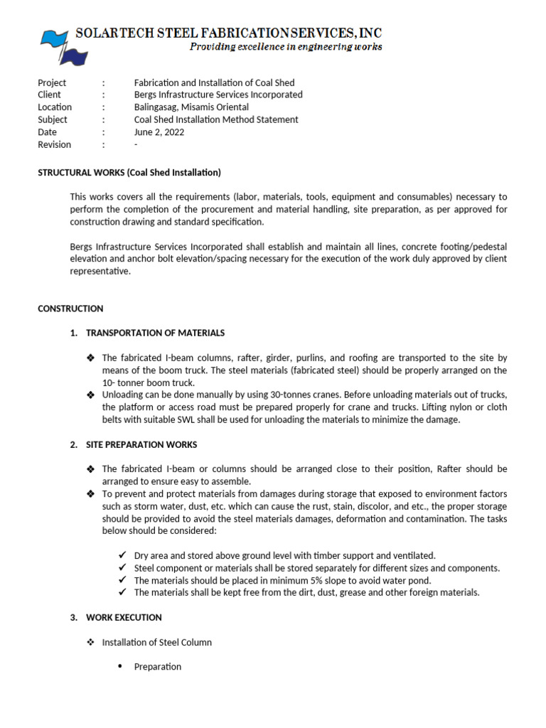 Coal Shed Installation Method Statement | PDF | Crane (Machine ...