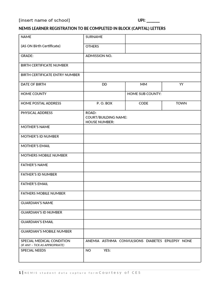 NEMIS Student Data Capture Form | PDF