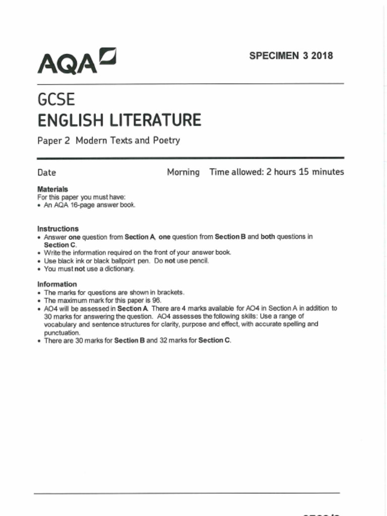 Exam Example English Literature Paper 2 | PDF