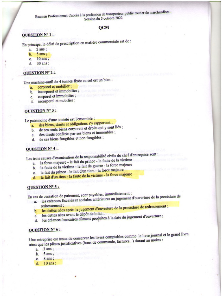 Correction QCM Examen Ac 2022 | PDF