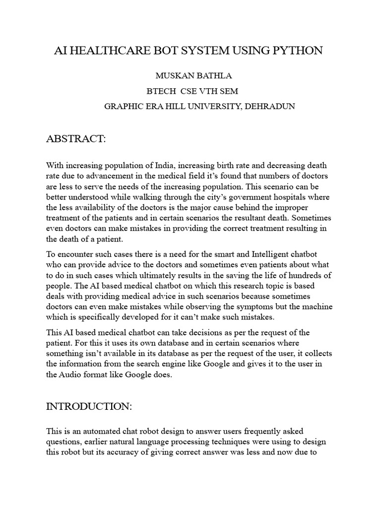 Ai Healthcare Bot System Using Python Pdf Artificial Intelligence