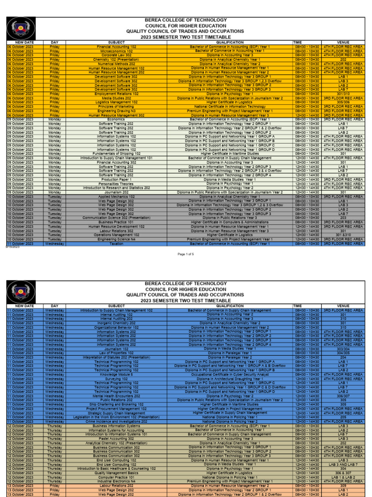 2023 Semester Two Test Timetable | PDF | Diploma | Accounting