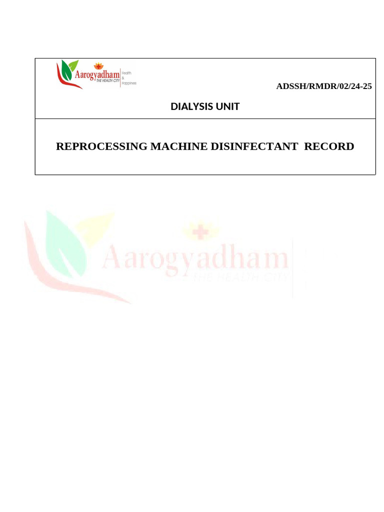 Dialysis Unit Disinfectant Record | PDF