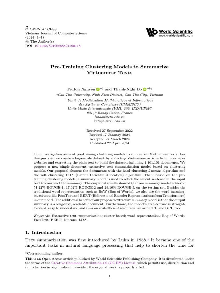 Nguyen Do 2024 Pre Training Clustering Models To Summarize Vietnamese Texts | PDF | Cluster ...