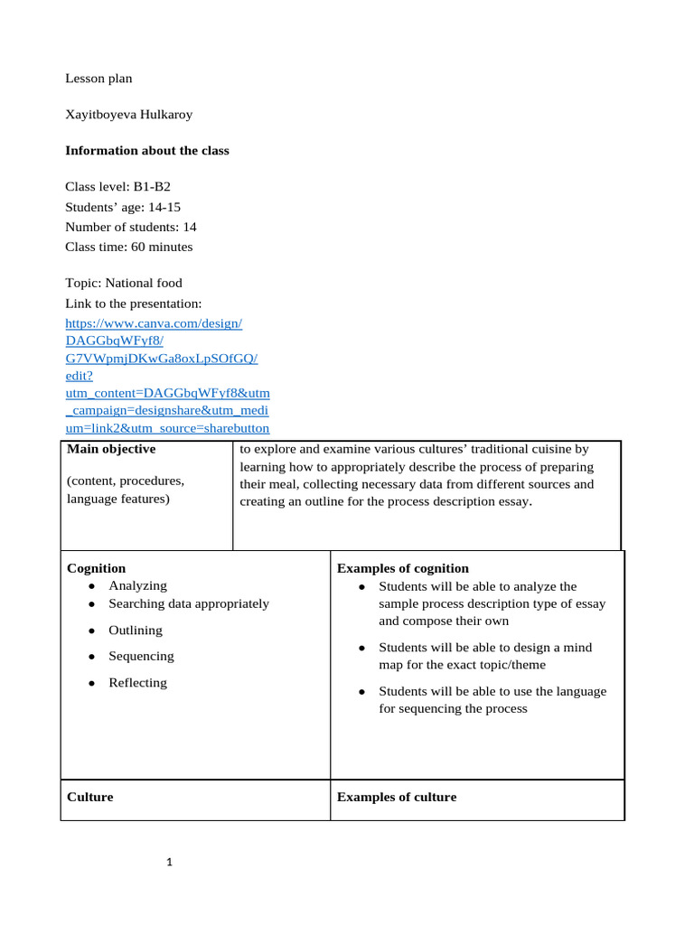B1-B2 Lesson Plan: National Food Essay | PDF | Essays | Cognition