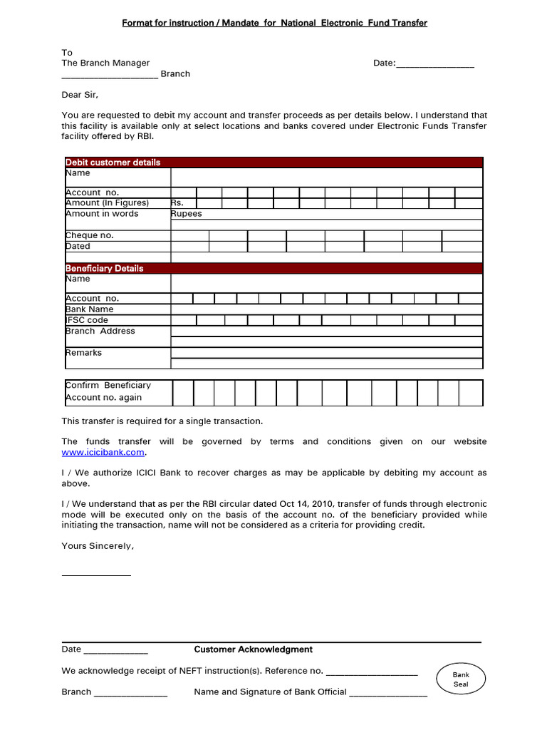 ICICI NEFT Format | PDF