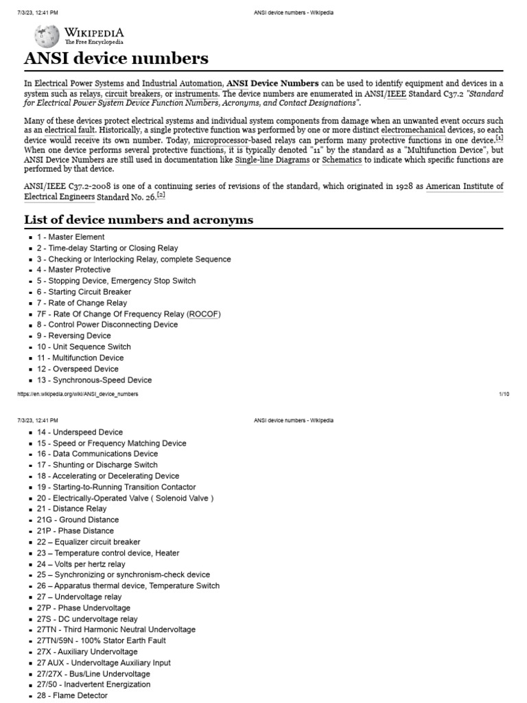 ANSI device numbers - Wikipedia | PDF | Relay | Electrical Components