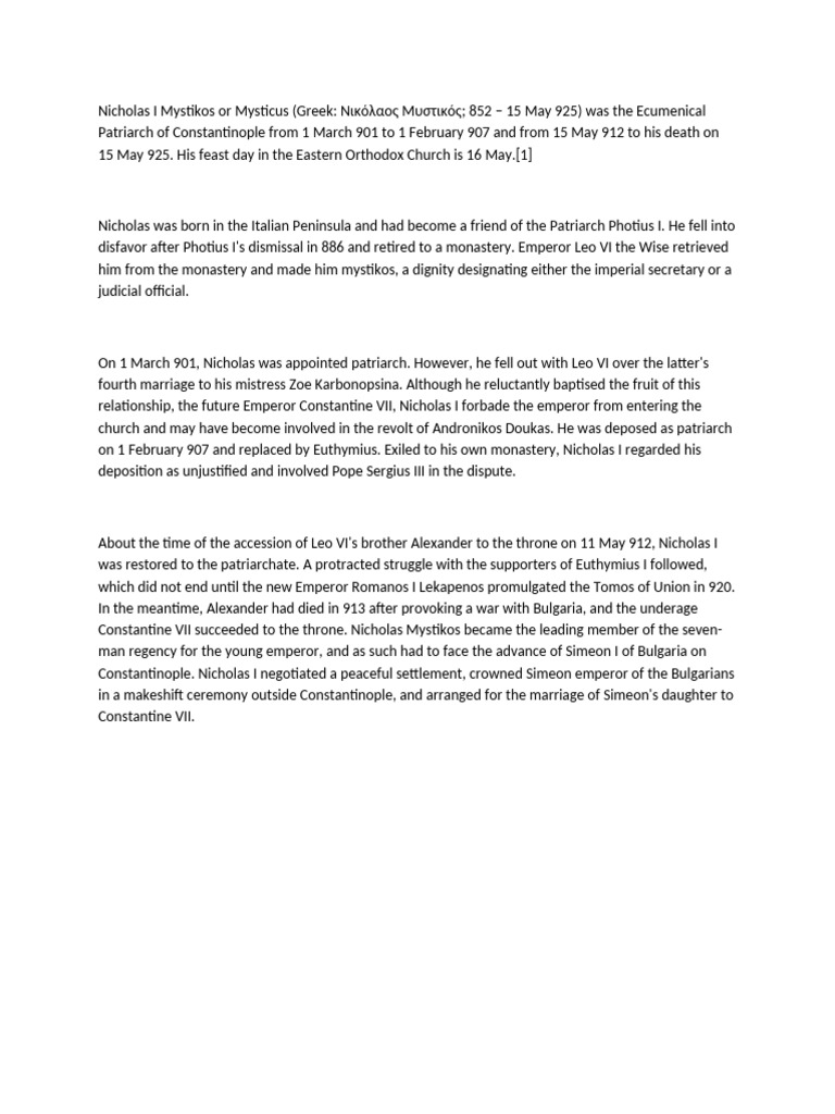 Nicholas I Mystikos or Mysticus | PDF