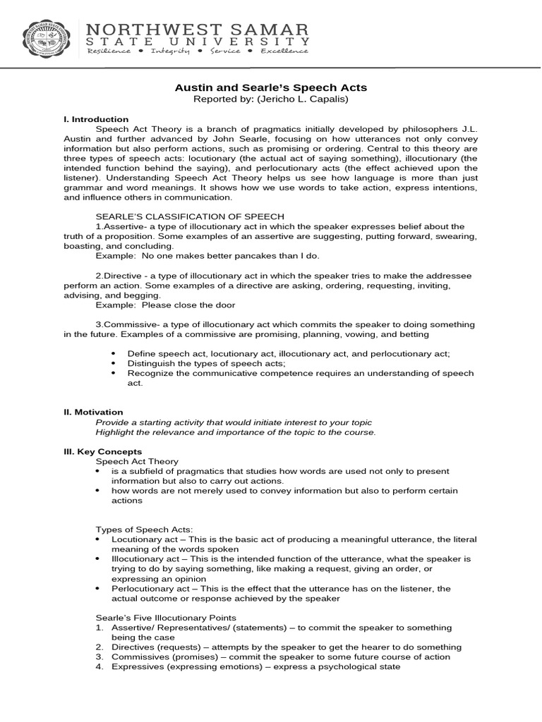 Austin and Searle's Speech Acts | PDF | Cognition | Semiotics