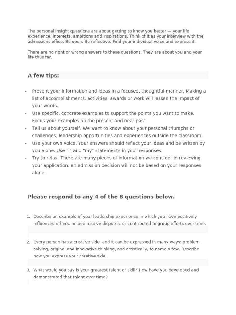 UC Personal Insight Question Guide | PDF