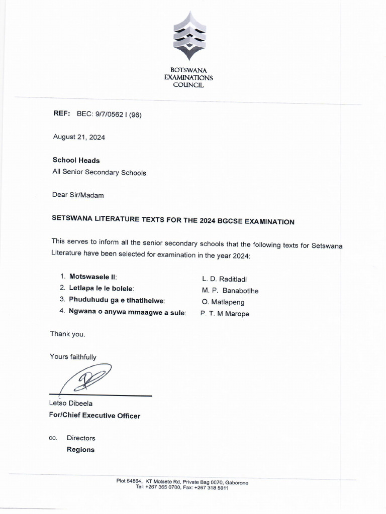 Setswana Literature Texts For The 2024 Bgcse Examination | PDF