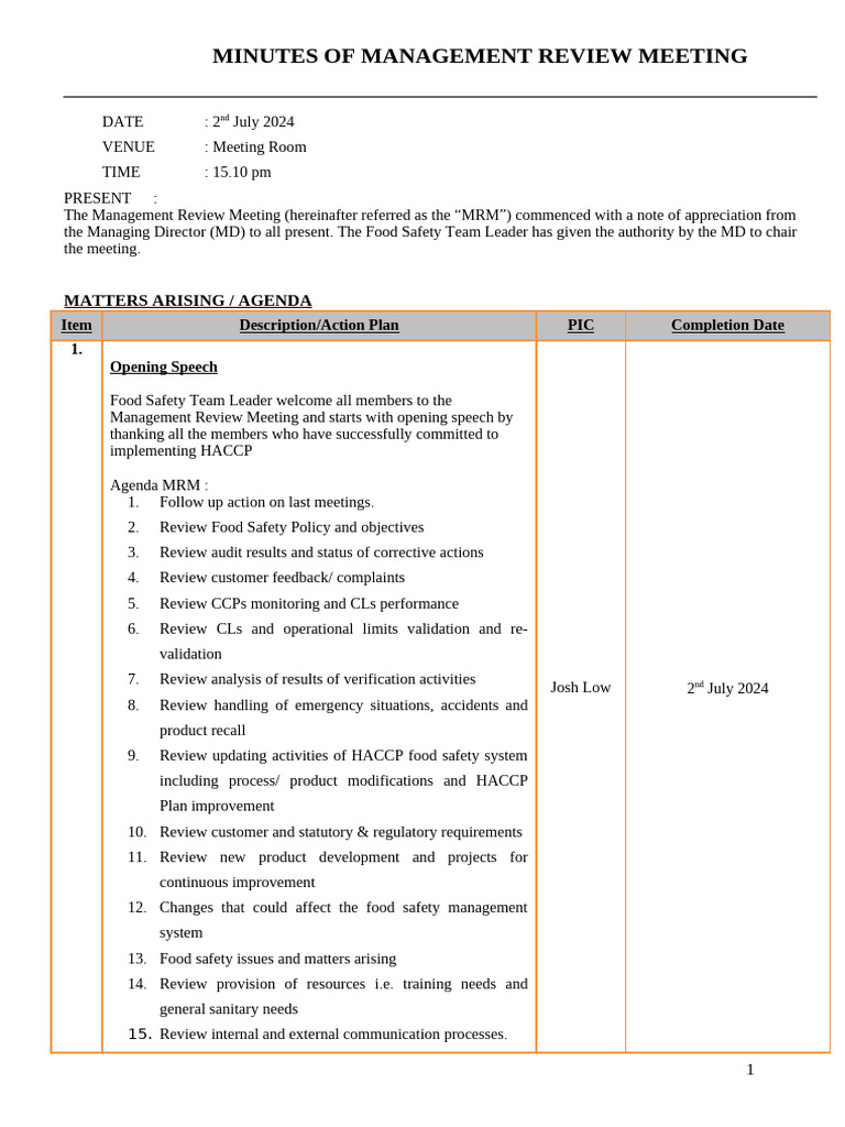 Management Review Minutes Sample 2 | PDF | Food Safety