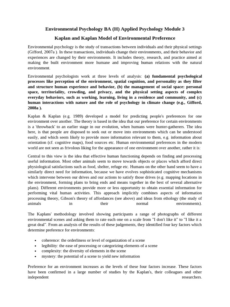 Module 3 Kaplan and Kaplan Model of Environmental Preference | PDF ...