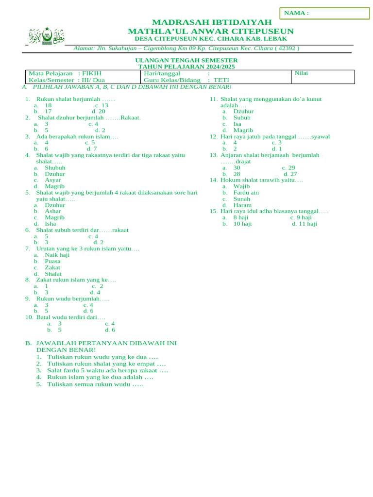 Soal Fikih Kelas 3 Fiks | PDF