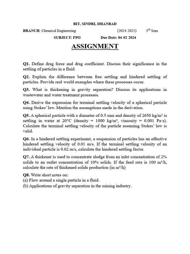 FPO Assignment: Settling & Thickening Concepts | PDF