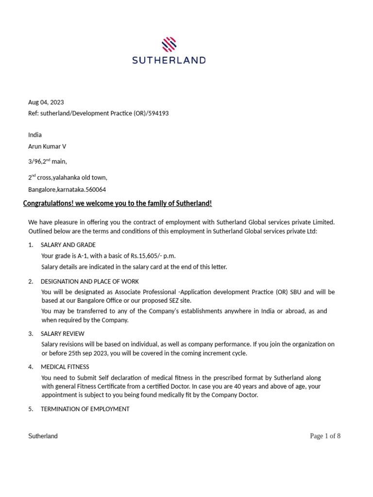 Sutherland Employment Offer Details | PDF | Employment | Contractual Term