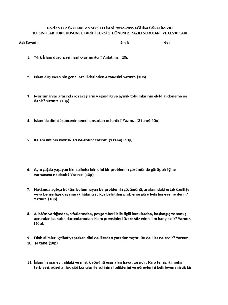 2024-2025 10. SINIF TÜRK DÜŞÜNCE TARİHİ DERSİ 1. DÖNEM 2. YAZILI SORULARI | PDF