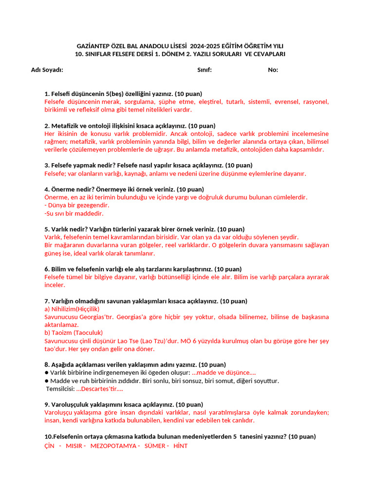2024-2025 10. Sinif Felsefe Dersi̇ 1. Dönem 2. Yazili Sorulari Cevaplari | PDF