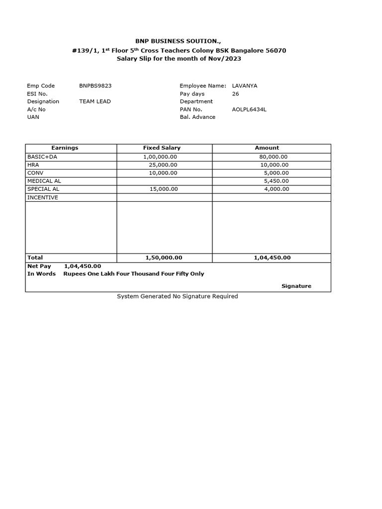 Lavanya November Month Payslip | PDF