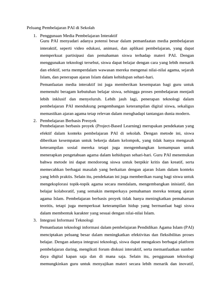Peluang Pembelajaran PAI Di Sekolah | PDF