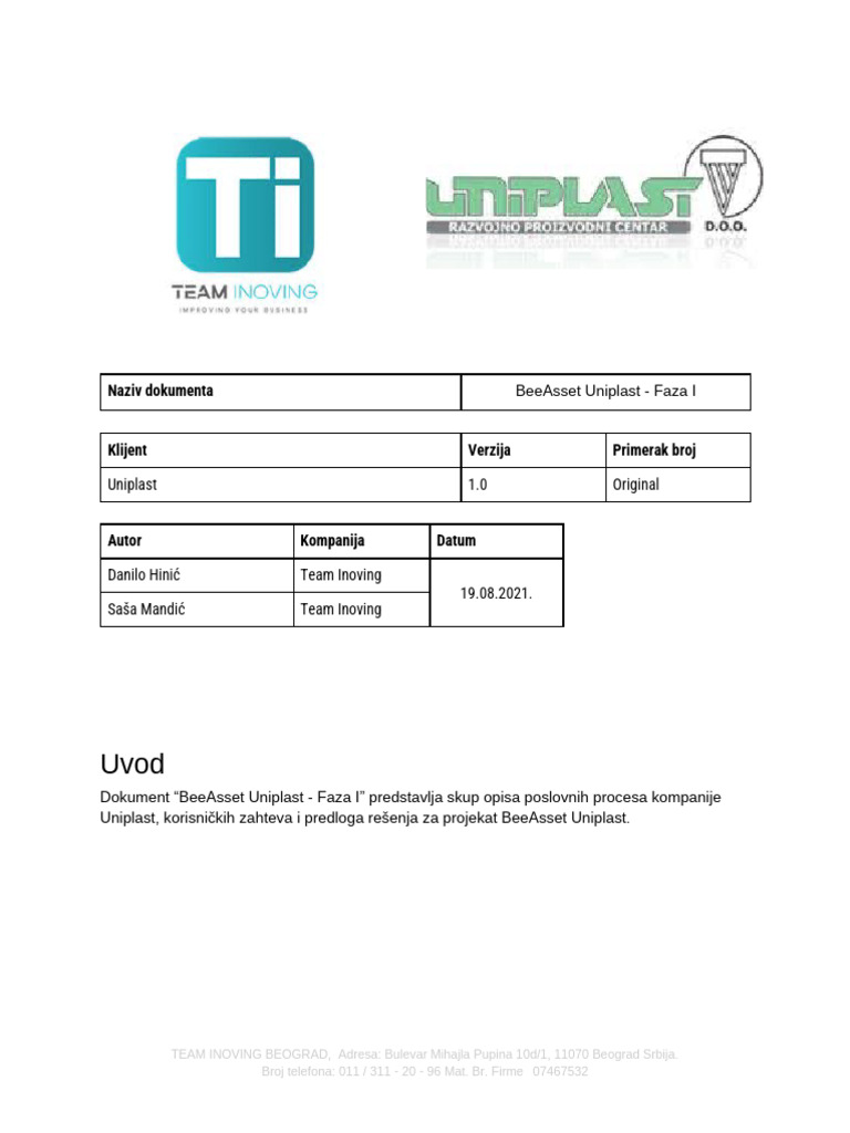Predlog Rešenja Uniplast FAZA I | PDF