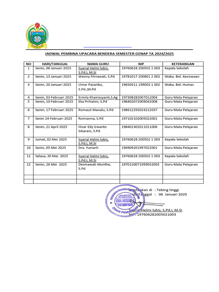Jadwal Pembina Upacara TP. 2024 2025 Genap-1 | PDF