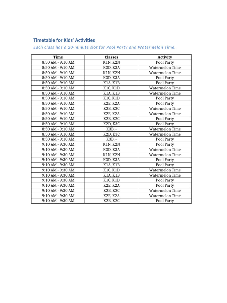 Adjusted Kids Activities Timetable | PDF
