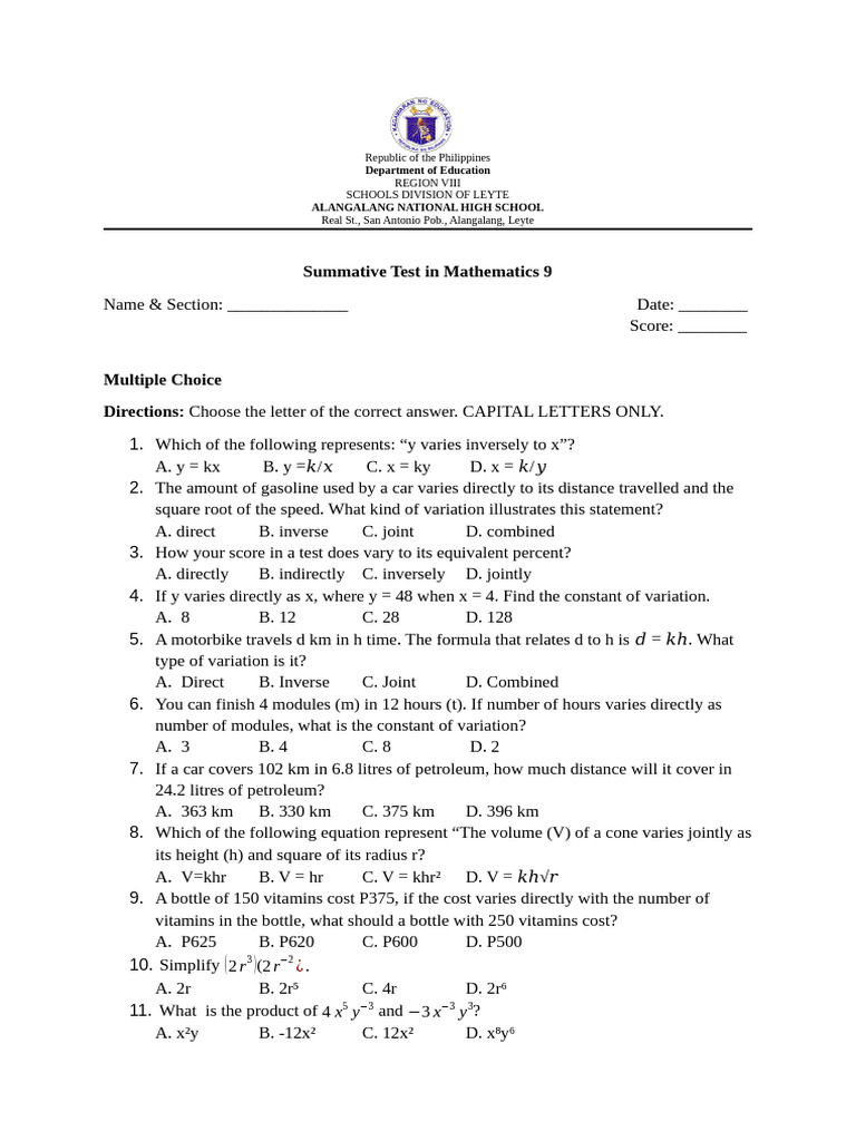 M9 Q2 SummativeTest NMC | PDF | Square Root | Mathematical Concepts