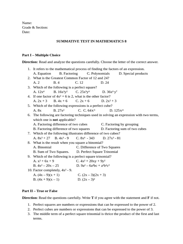 Math 8 Summative Test: Factoring Concepts | PDF | Factorization | Summation